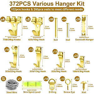 MAPVOLUT 372 PCS Picture Hanging Kit, Christmas Decorations Indoor Outside Picture Hangers, Heavy Duty Picture Frame Mirror Wall Hanging Hardware Hooks Kit with Nails Sawtooth for Hanging Picture