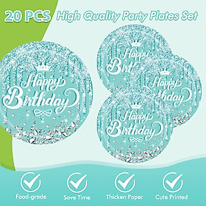 Juhap 41 Pcs Teal and Silver Tableware Set for Happy Birthday Table Decorations Blue Birthday Theme Dessert Plates Napkins Tablecloth for 20 Guests Girls Women Silver Glitter Birthday Party Supplies