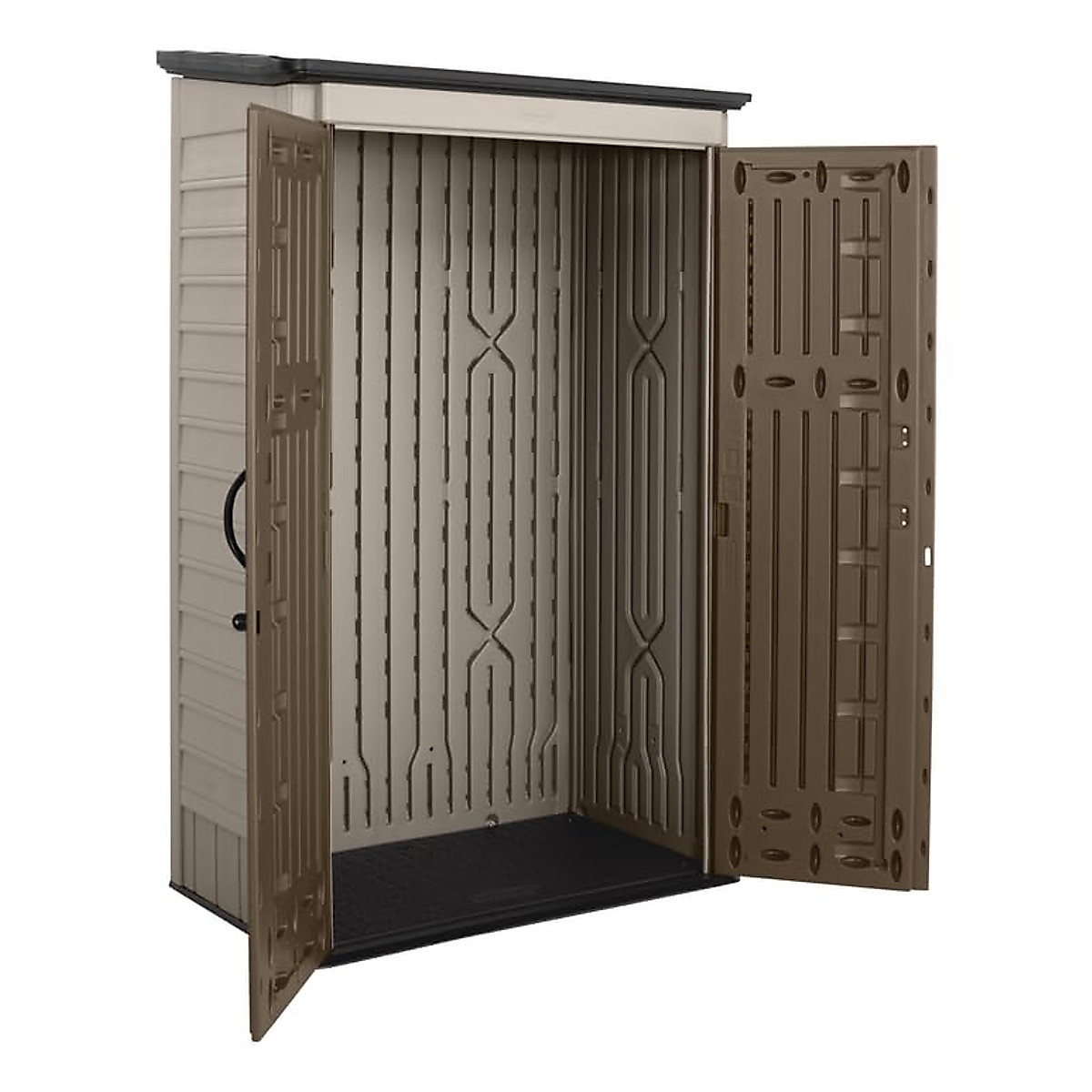 Rubbermaid Vertical Resin Outdoor Storage Shed, With Floor (4 x 2.5 Ft), Weather Resistant, Brown, Organization for Home/Backyard/Garden Tools/Porch/Patio Cushions/Pool Chemicals/Toys