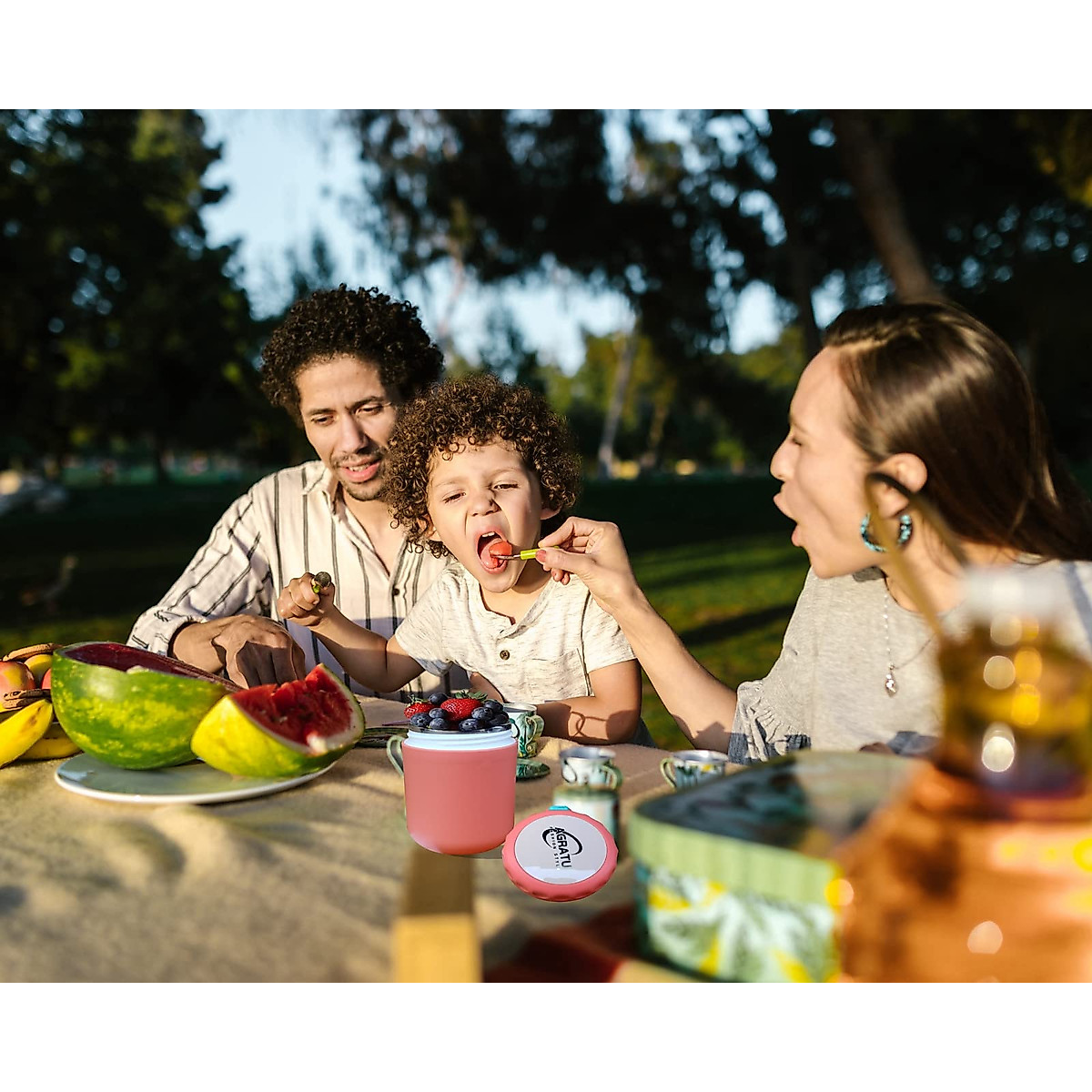 AGRATU Stainless Steel Vacuum Insulated Kids Food Jar Kids Thermos for Hot Food with Spoon 13.5oz (Pink)