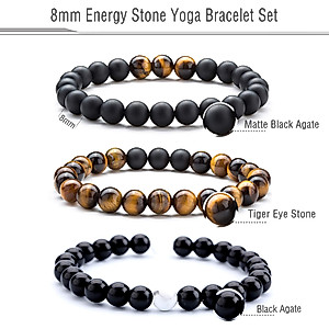 Hamoery Men Women 8mm Tiger Eye Stone Beads Bracelet Elastic Natural Stone Yoga Bracelet Bangle (Set2)