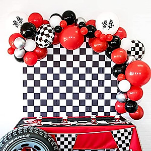 Racing Car Balloons Garland Arch Kit, 113Pcs Checked Finish Line Flag Red Black Balloons, for Boy 2nd Two Fast Birthday Party Supplies