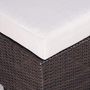 GDFStudio Outdoor 16 Inch Multibrown Wicker Ottoman Seat with Beige Water Resistant Cushion
