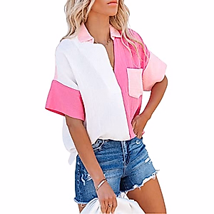 Dokotoo Women's Summer V Neck Turn Down Collared Batwing Short Sleeve Shirts Lightweight Cotton Color Block Dressy Casual Blouse Tops Resort Wear for Women with Pockets Rose M