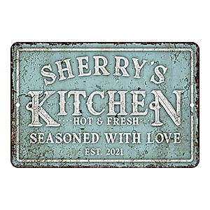 Personalized Vintage Distressed Look Mint Kitchen Seasoned with Love Metal Room Sign (8x12 Inches)