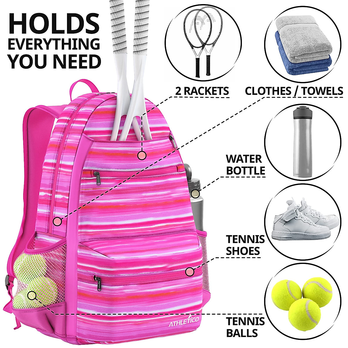 Athletico City Tennis Bag - Tennis Backpack for Men & Women Holds 2 Tennis Rackets and Shoes - Tennis Bags With Racquet Holder For Tennis, Pickleball, Squash & Badminton - Tennis Bags for Women (Pink)