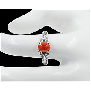 8X6 MM Oval Cut Natural Red Coral Cabochon Gemstone 925 Sterling Silver May Birthstone Solitaire Unisex Proposal Ring Birthday Gift For Wife (Yellow Gold Rhodium Plated Silver, 8)