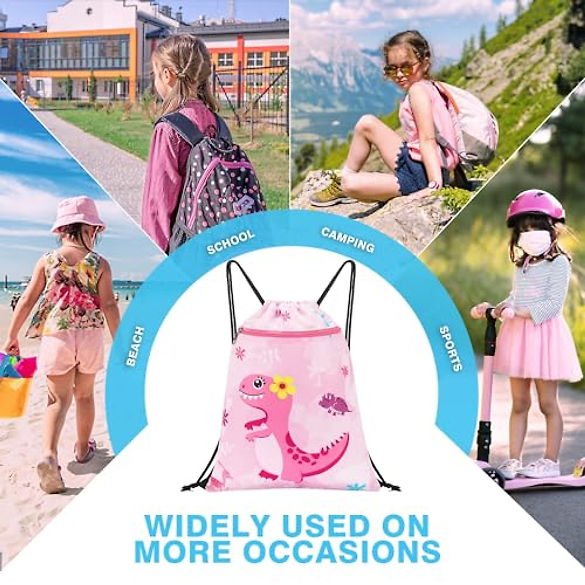 WAWSAM Dinosaur Drawstring Backpack - 13" x 18" Sports Gym Bag Waterproof Beach Swimming Travel Sackpack Birthday Christmas Gift with Zippered Pocket