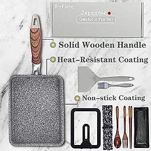 DXBVIEX 9 PCS Tamagoyaki Pan Set, Japanese Omelette Pan Nonstick with Lid, Square Japanese Egg Pan, Rectangle Tamago Pan 7.6" x 5.7" Grey