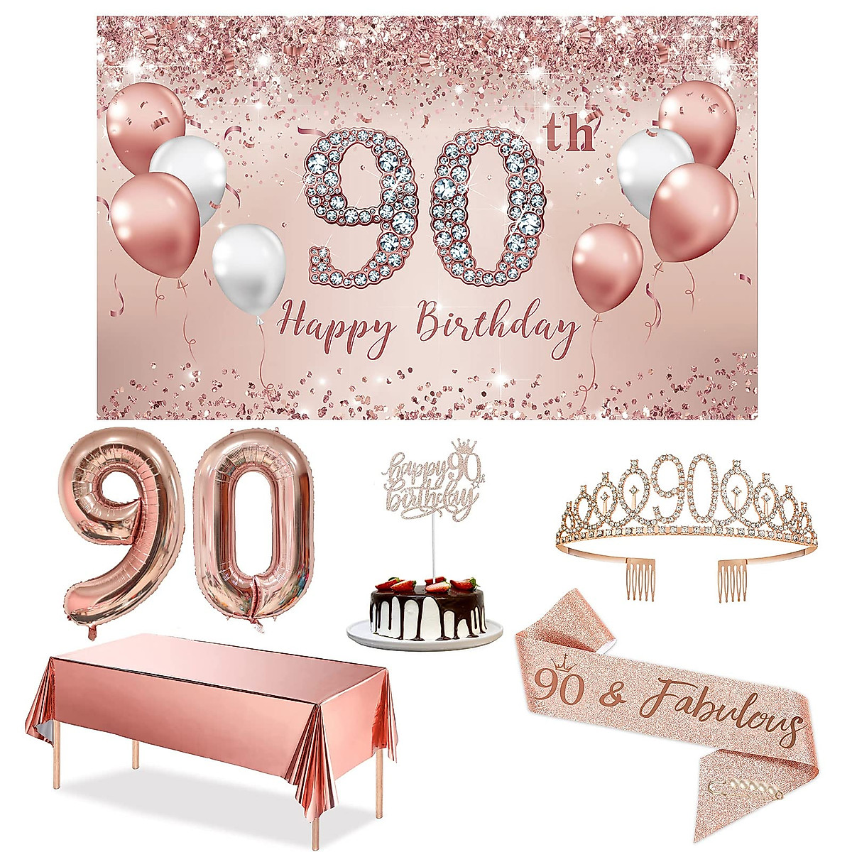 Trgowaul 90th Birthday Decorations Party Set for Women, Rose Gold 90 Birthday Banner and Tablecloth, 90 & Fabulous Sash and Tiara, 1PC Happy 90th Birthday Cake Topper, Pink Gold 90 Number Balloons