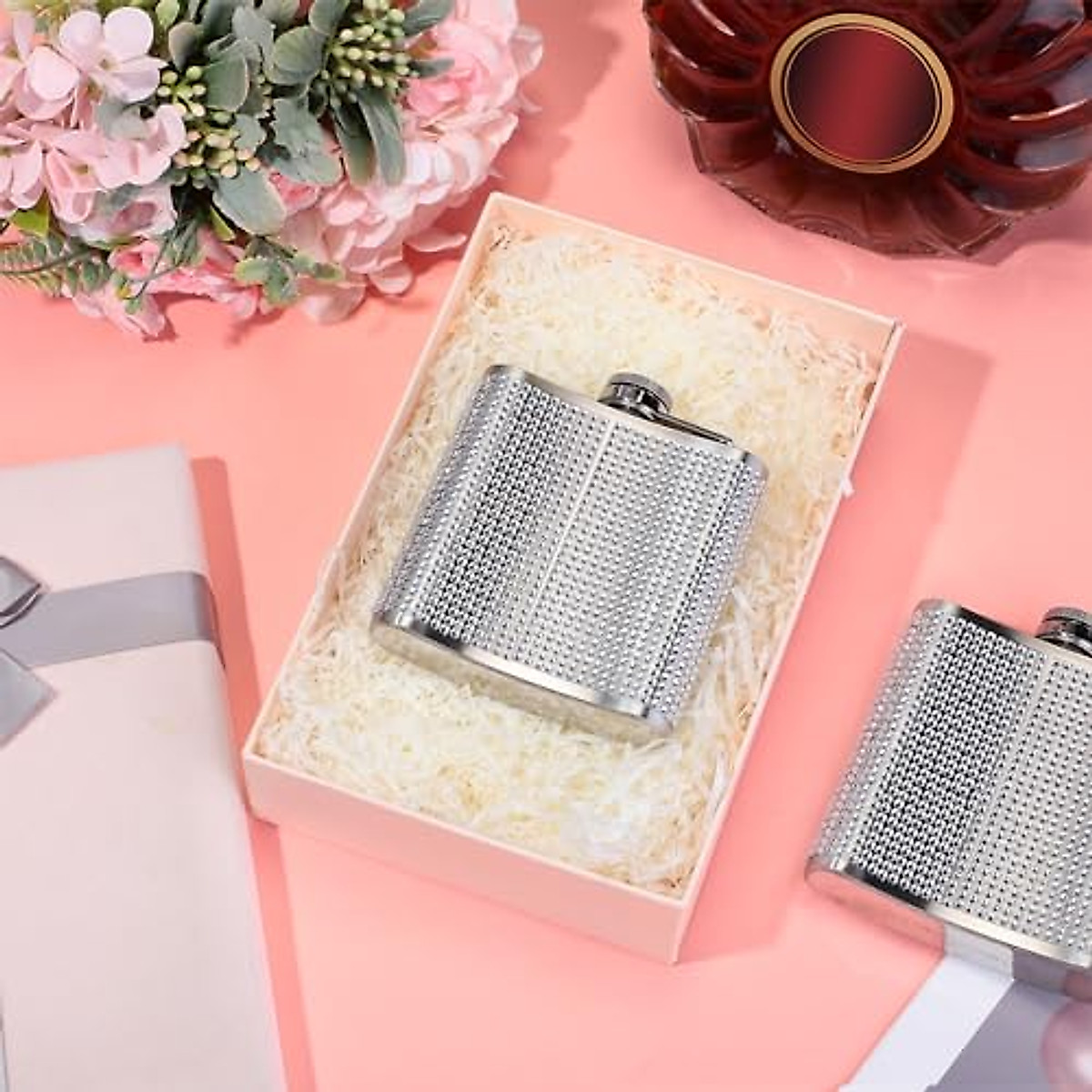 Uiifan 6 Pcs Silver Diamond Hip Flask for Bling Flasks for Liquor Reusable Whiskey Wine Pouches Alcohol Smuggling Kit Alcohol for Liquor Cruise Girls Women Bridesmaid(8 oz)