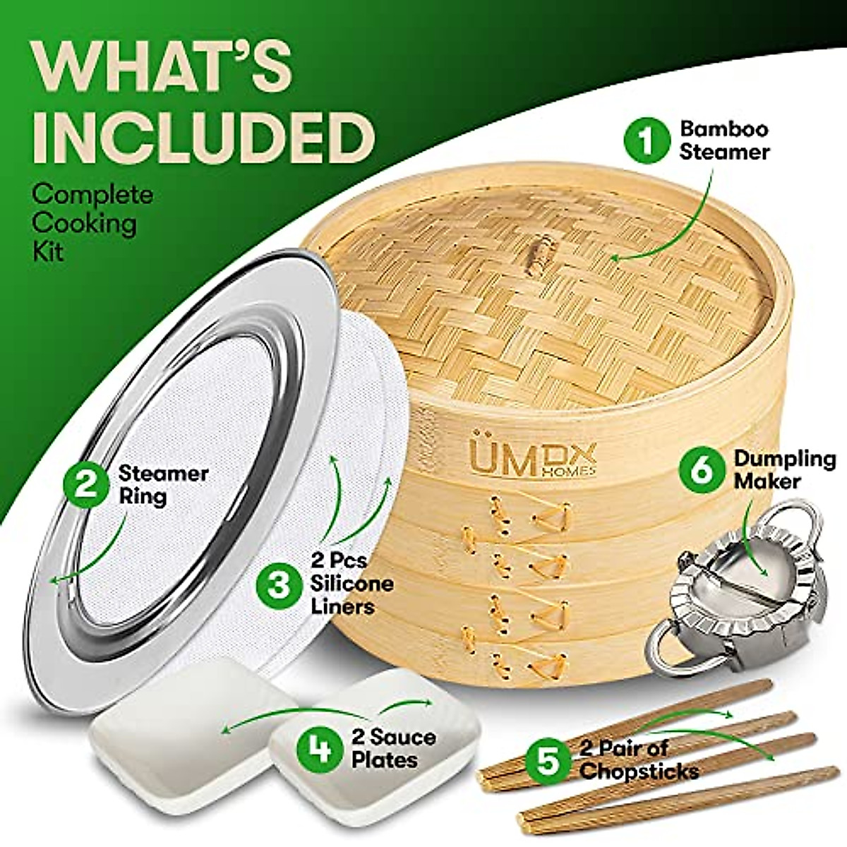 ÜM Homes 10 Inch Bamboo Steamer Basket, 2 Tier Basket Cooking Dumplings, Vegetable, Steamer Dim Sum, 2 Pairs of Chopsticks, 2 Sauce Trays, 2 Reusable Silicone Liners, 1 Steaming Ring, 1 Dumpling Maker