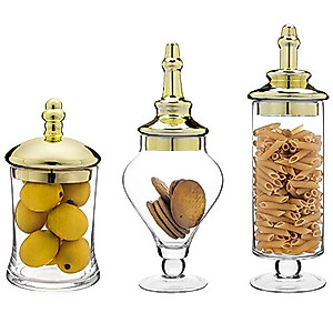 MyGift Set of 3 Antique Apothecary Style Glass Jars with Metallic Brass-Tone Lids
