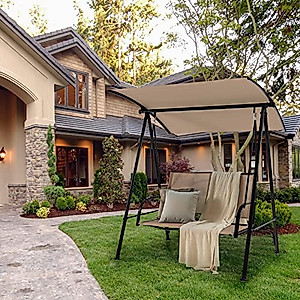 Tangkula 2 Person Porch Swing, Patio Swing with Adjustable Canopy, Comfortable Fabric Seat & Heavy-Duty Steel Frame, Outdoor Canopy Swing for Patio, Garden, Poolside (Beige)