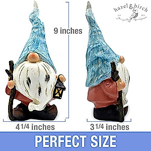 Hazel & Birch Outdoor Garden Gnomes Decorations - 9 inches Tall - Gnome Statues for Yard, Lawn, Patio, Porch - Hand Painted Decor, Weatherproof Gnome Figurine (Blue Hat Stick & Lantern Gnome)