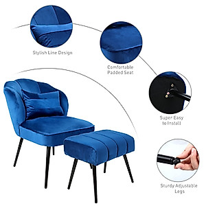 NO MORE TAG Velvet Living Room Chair with Ottoman, Accent Chair with Footstool, Blue Accent Chair, Velvet Chair and Ottoman Set, Chair Without Armrest