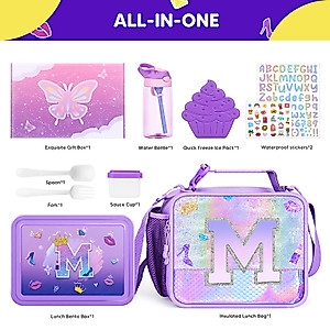 JYPS Lunch Box for Girls-Insulated Lunch Bag,Kids Bento Box with 6 Compartment,Water Bottle,Ice Pack,Salad Container,Perfect Lunch Container for Kids and Toddlers Back to School Age 7-15(Purple M)