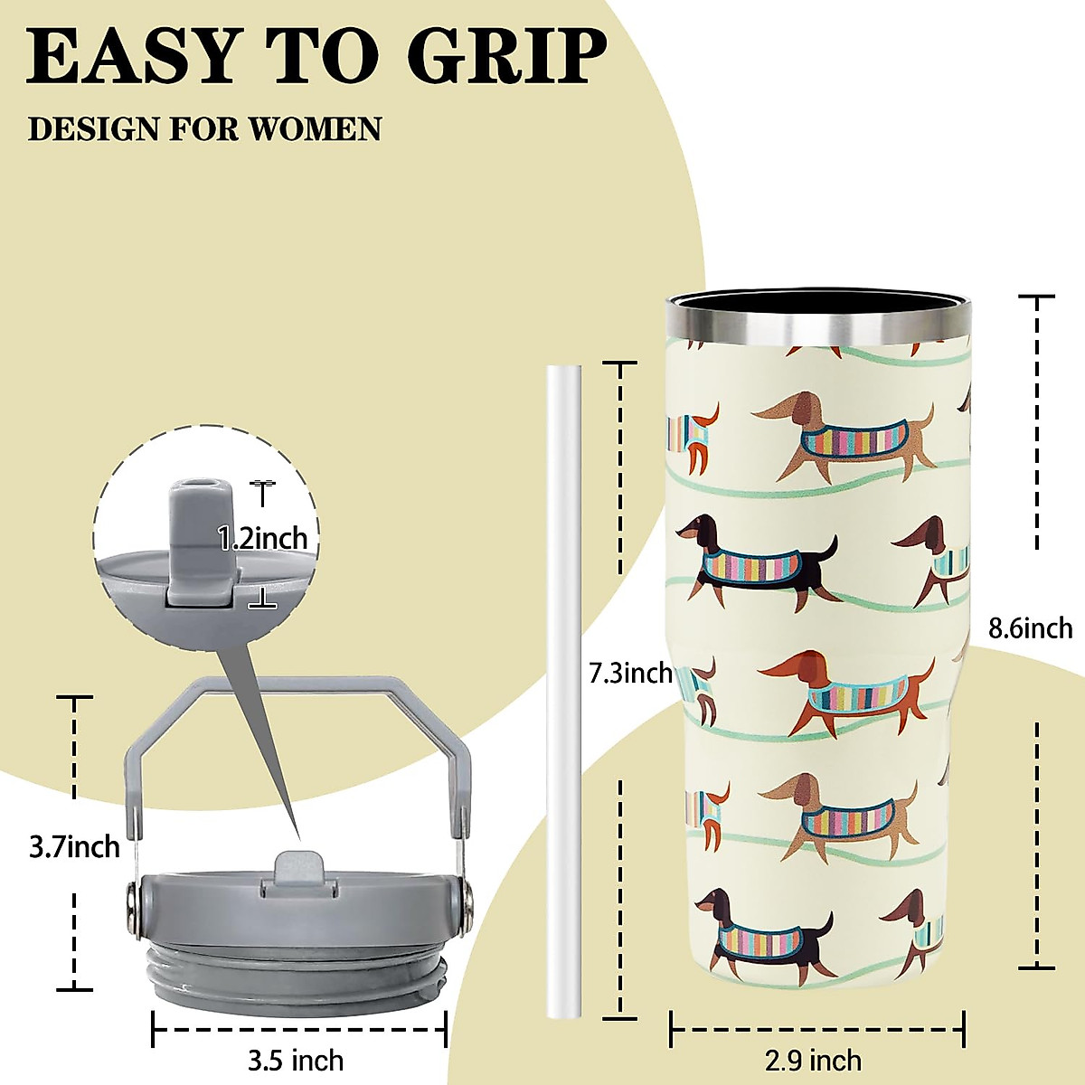 Dachshund Tumbler Gifts with Handle and Straw, Stainless Steel Vacuum Insulated Flip Straw Dachshund Tumblers, Spill Proof Coffee Travel Mug Dachshund Lovers Gifts 30oz