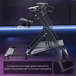 Hottoby X-Shaped Foldable Racing Steering Wheel Stand With Seat Fixing Slot and Water Cup Holder Fit for Logitech/Thrustmaster/Moza G29, G920, G923, T300RS Adjustable Racing Simulator Cockpit No Wheel