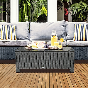 Ousunny Patio Furniture, Wicker Coffee Table, Hand-Woven PE Rattan Side Table with a Tempered Glass Top, 33.5" x 19.75", Black