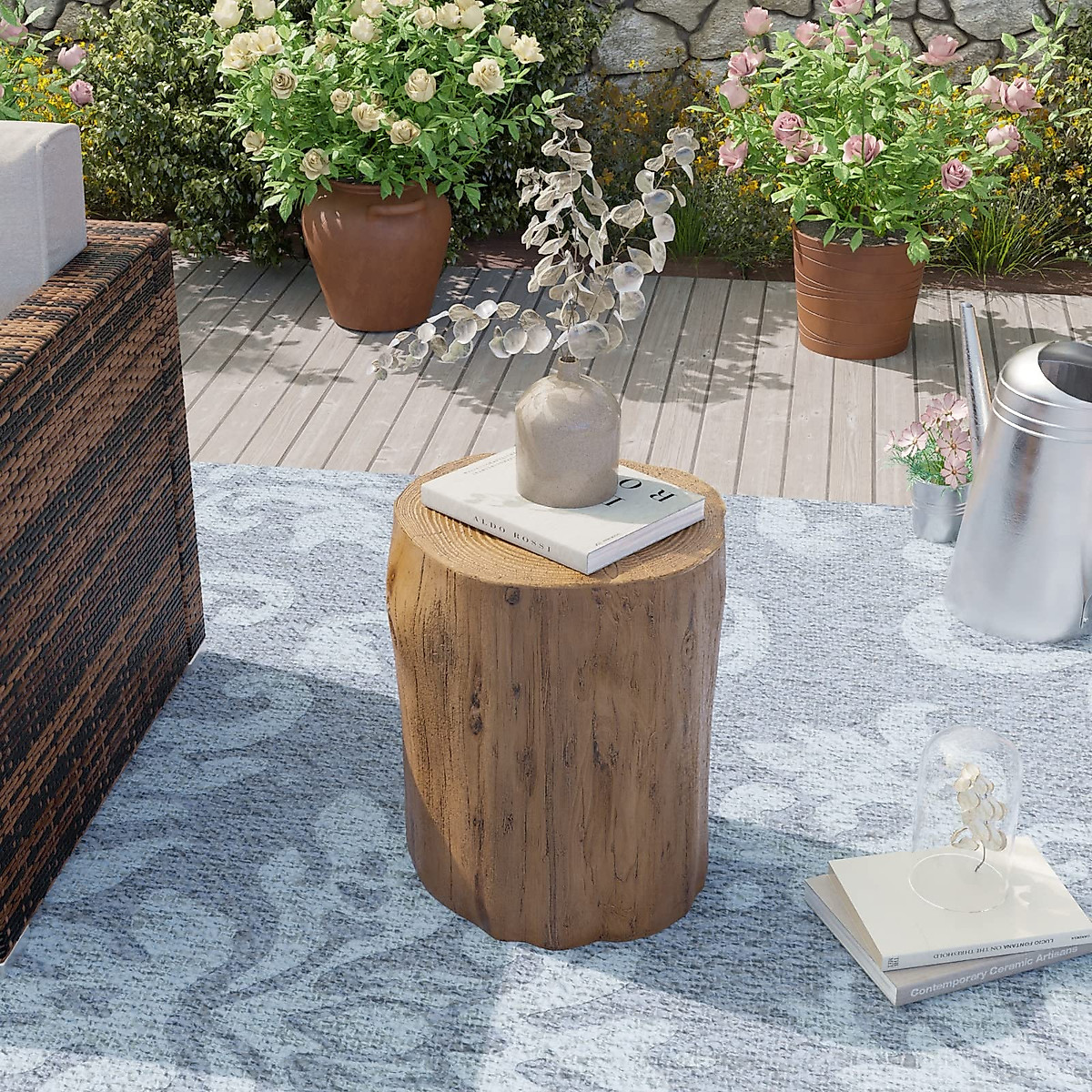 AQUILLA Rustic Stump Side Table, Brown Wood-Look End Table, Stump Accent Side Table Stool for Living Room