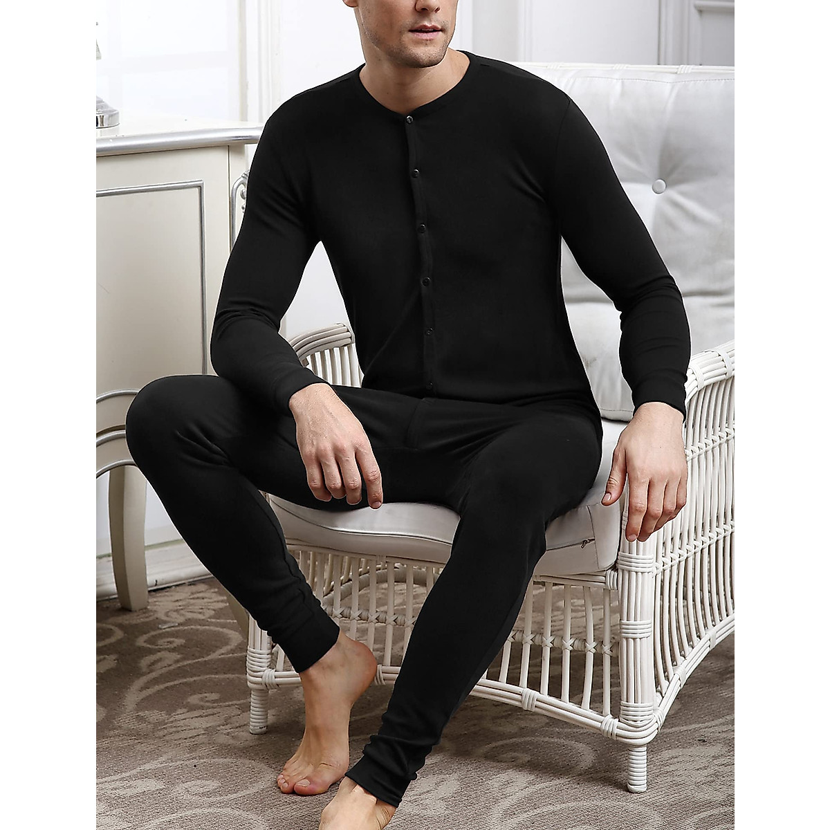 COLORFULLEAF Men's Cotton Thermal Underwear Union Suits Henley Onesies Base Layer (Black, XXL)