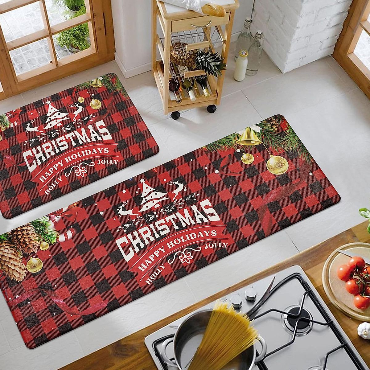 Cekene Anti Fatigue Kitchen Mat Set of 2 Christmas Memory Foam Thick Cushioned Rugs for Kitchen Non-Slip Standing Mat 17"×28" and 17"×47" Waterproof Wipeable