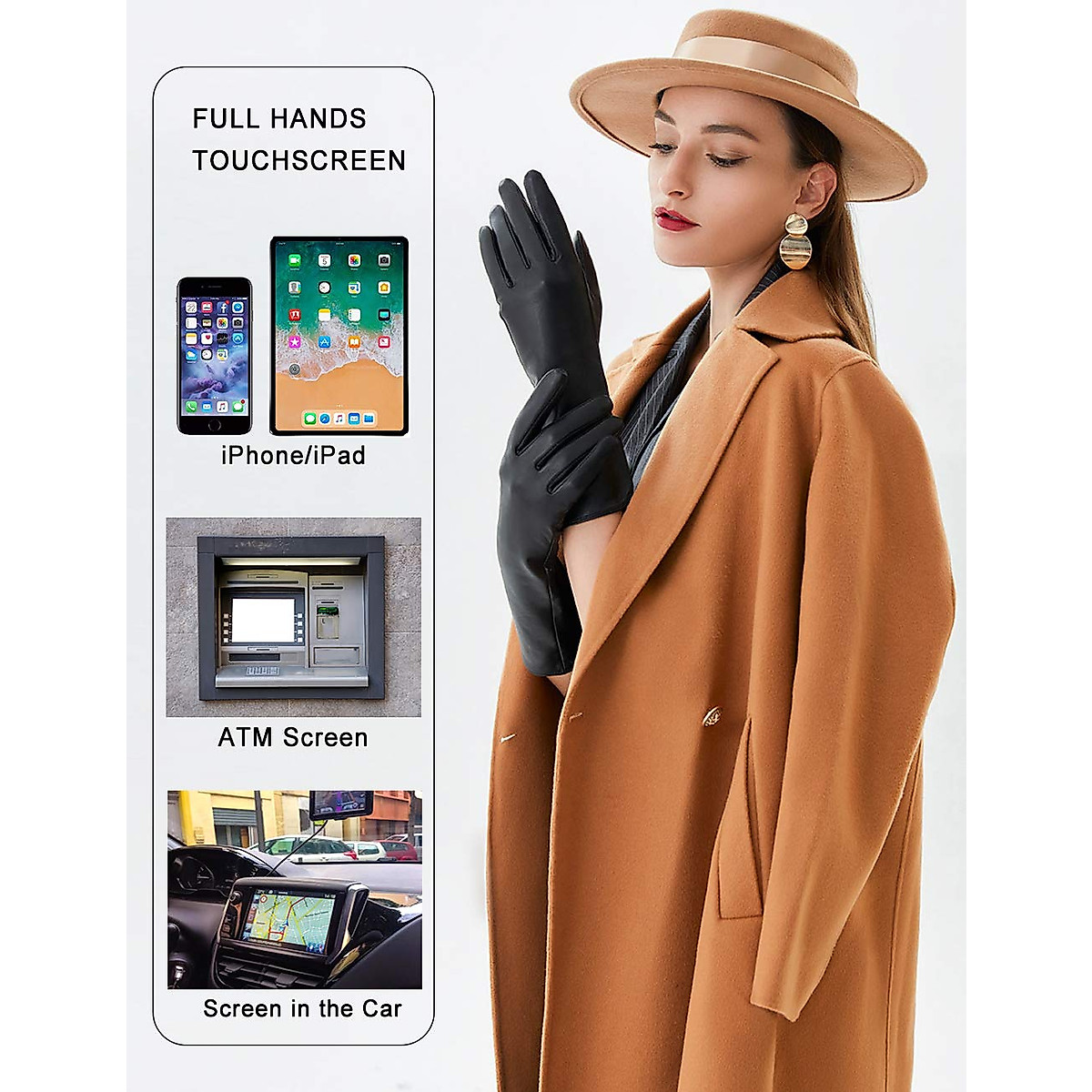 VIKIDEER Long Genuine Leather Gloves for Women Full Touchscreen Winter Warm Lined Elegant Type Little Bigger Black Meduim-12.7"
