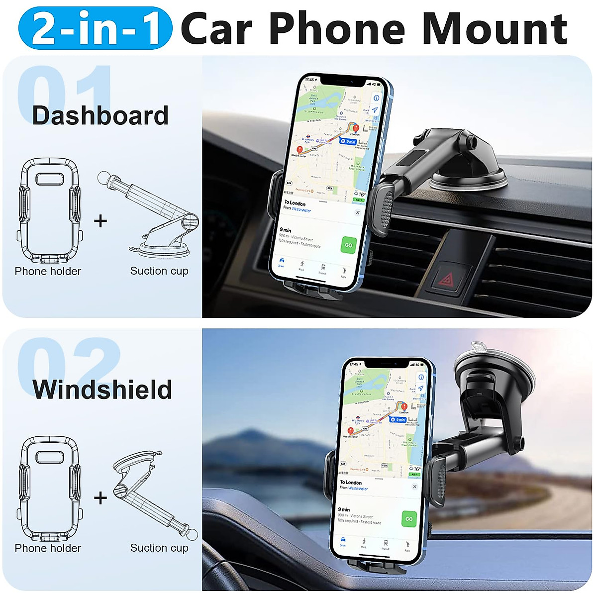 Phone Dash Mount for Car, Phone Holder for Car Windshield Dashboard Window, Gun Mount Hands Free Universal Automobile Cell Phone Holder Fit for iPhone Smartphones