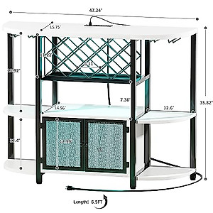 Unikito Bar Table with Double LED Lights and Power Outlet, Freestanding Wine Rack Table with Glass Holder, Home Mini Bar with Storage, Bar Cabinet for Liquor and Glasses for Kitchen Dining Room, White