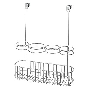 mDesign Metal Bathroom Storage Tool Organizer Accessory Basket Tray - Hang Over Cabinet Door - Storage for Hair Dryer, Straightener, Curling Iron & Hair Styling Products - Concerto Collection - Chrome