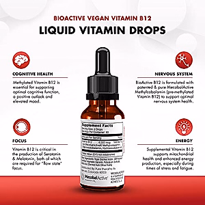 BioActive Vegan Vitamin B12 Sublingual Liquid Supplement (4 Drops a Day for a 90-Day Supply) - B12 Liquid Vitamin Drops with Hydroxocobalamin, Adenosylcobalamin & Methylcobalamin 1,000 mcg per Drop