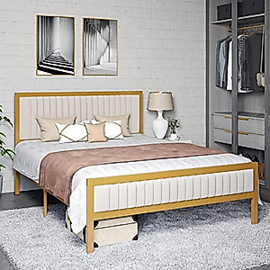 HOMBCK Full Size Bed Frame with Headboard and Footboard, Platform Bed Frame Full with Velvet Tufted Headboard, No Box Spring Needed, Strong Metal Slat Support, Easy Assembly, White & Gold