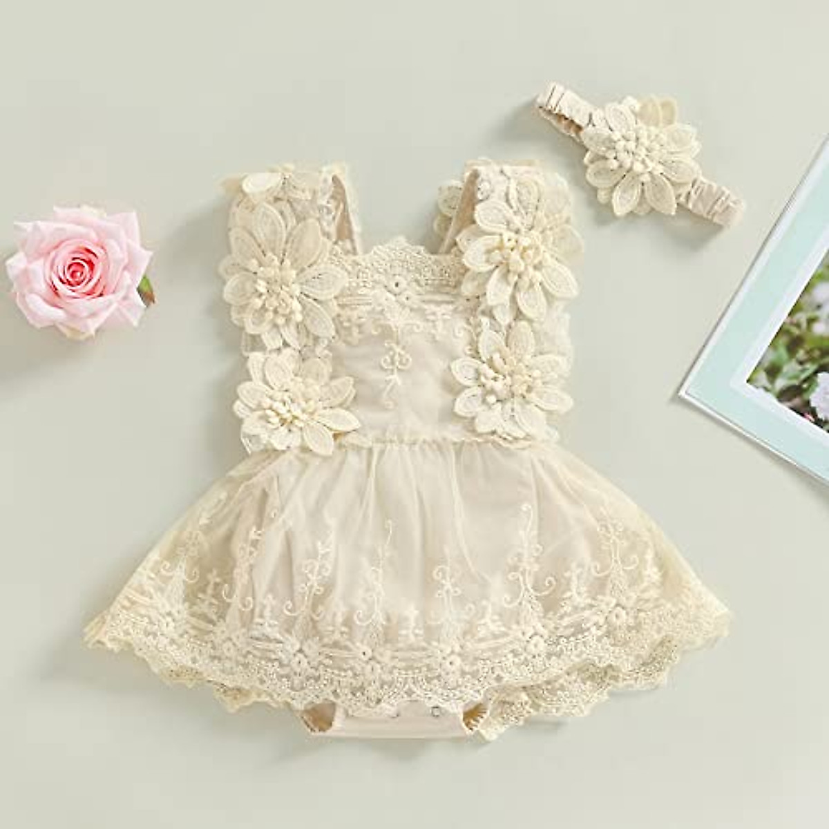 Mubineo Baby Girl Summer Clothes Lace Romper Skirt Dress Princess Outfits Sleeveless Flower Newborn Outfit (Beige, 12-18 Months)