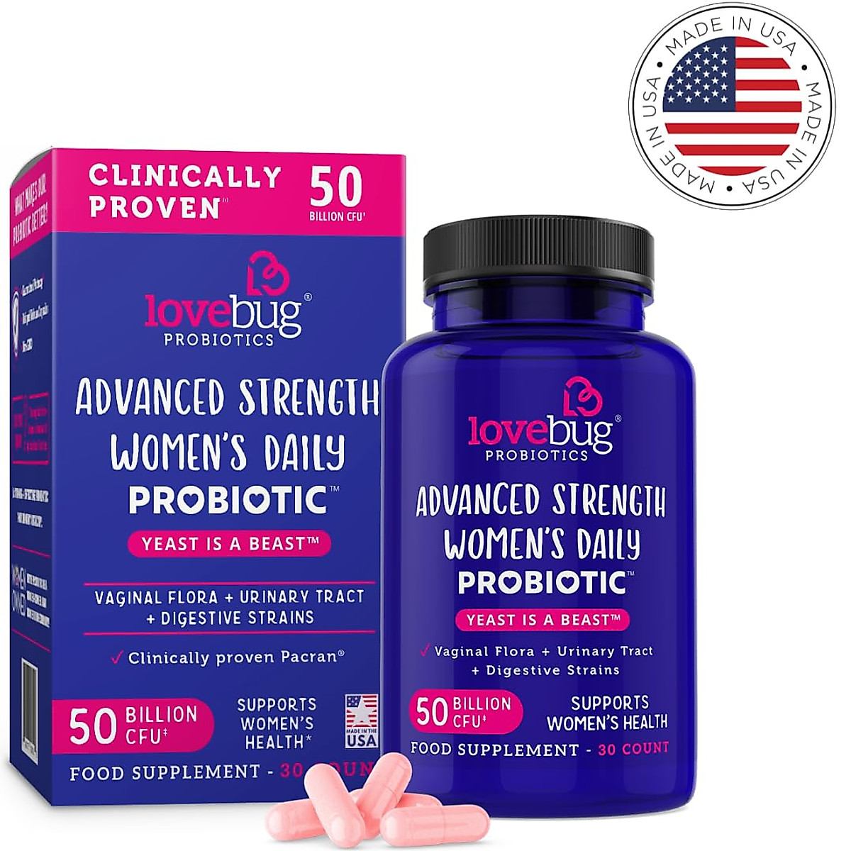 Lovebug Yeast + Vaginal pH Support | Clinically Studied Ingredients for Yeast & UTIs | Multi Strain 50 Billion CFU | 30 Capsules