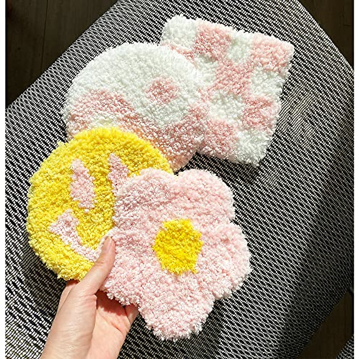 Coasters for Drinks, Handmade Preppy Tufted Pink Pastel Smily Face Rug Cute Aesthetic Home Room Decor Coffee Table Gift 4Pcs