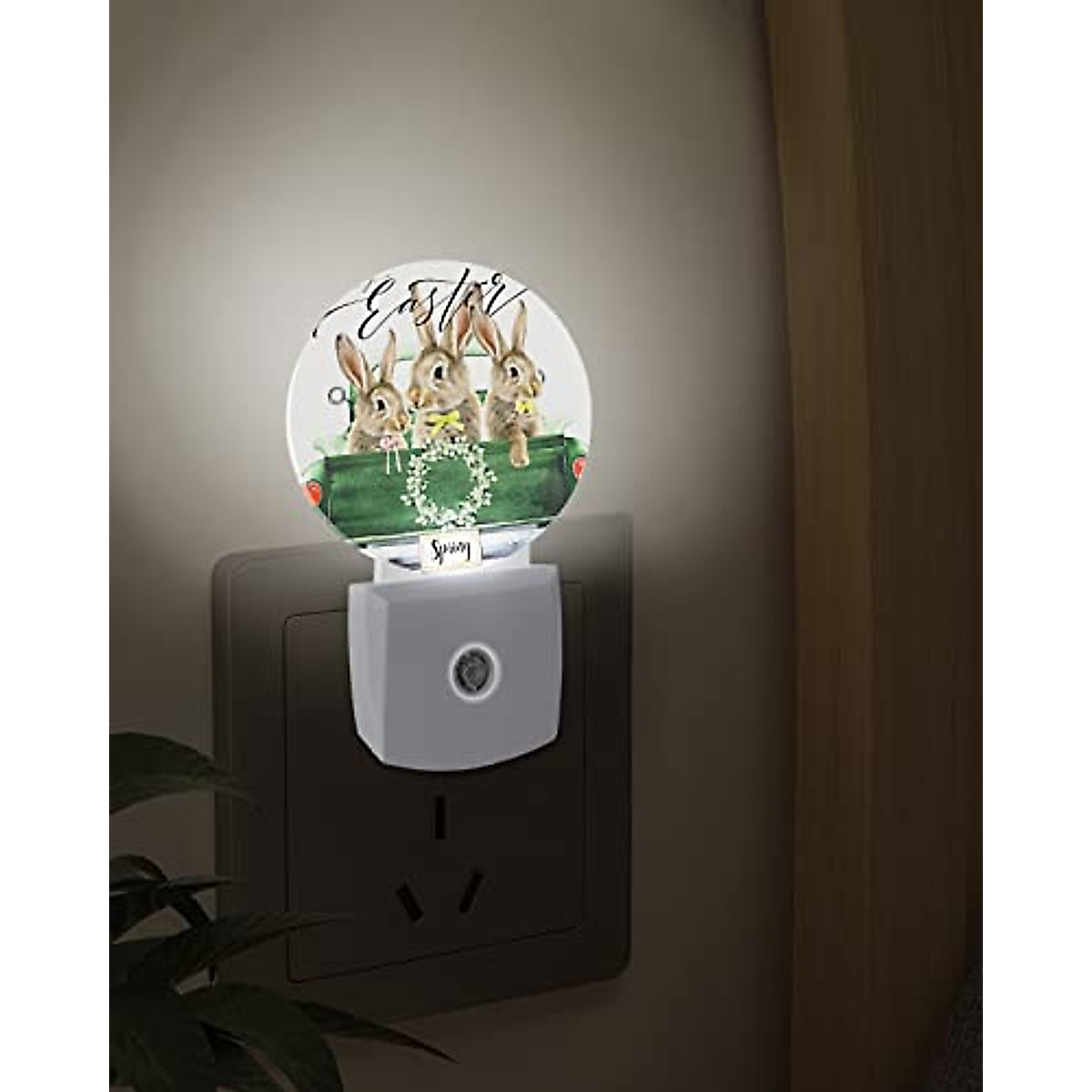 Night Light Plug into Wall, LED Nightlights Easter Green Truck Pull Rabbits Eucalyptus Leaves Wreath Small Nightlight Auto Dusk-to-Dawn Sensor Lamp LED Night Lights for Kid's Bedroom, Bathroom