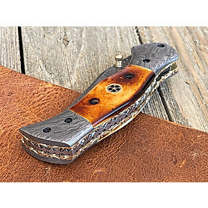 WINTERFELL Damascus Steel Hunting Pocket Knife with Burnt Camel Bone Handle and Leather Sheath - 7.5" Custom Gift Knife for Men - Unique Anniversary, Birthday gifts for Husband, Dad, Boyfriend