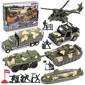 Die-cast Military Vehicles Toy Set, 6 Pack Alloy Army Toys Playset with Army Men Action Figures, Tank, Panzer, Helicopter, Truck, Submarine for Kids Boys Toddlers