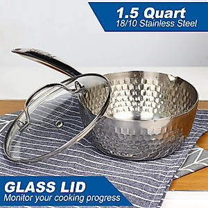 HZIB Stainless Steel Saucepan with Glass Lid,Two Side Spouts for Easy Pour,Ergonomic Handle, Multipurpose Sauce Pan with Lid, Yukihira Sauce Pan,Stock Pots Use for Home Kitchen Restaurant - 1.5 Quart
