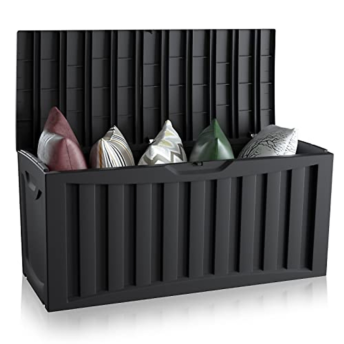 GOFLAME 90 Gallon Outdoor Deck Box, Large Weatherproof Storage Container with Wheels and Lid, Lockable Resin Deck Box for Patio Furniture, Garden Tools, Pillows, Outdoor Cushions, Pool Toys, Black