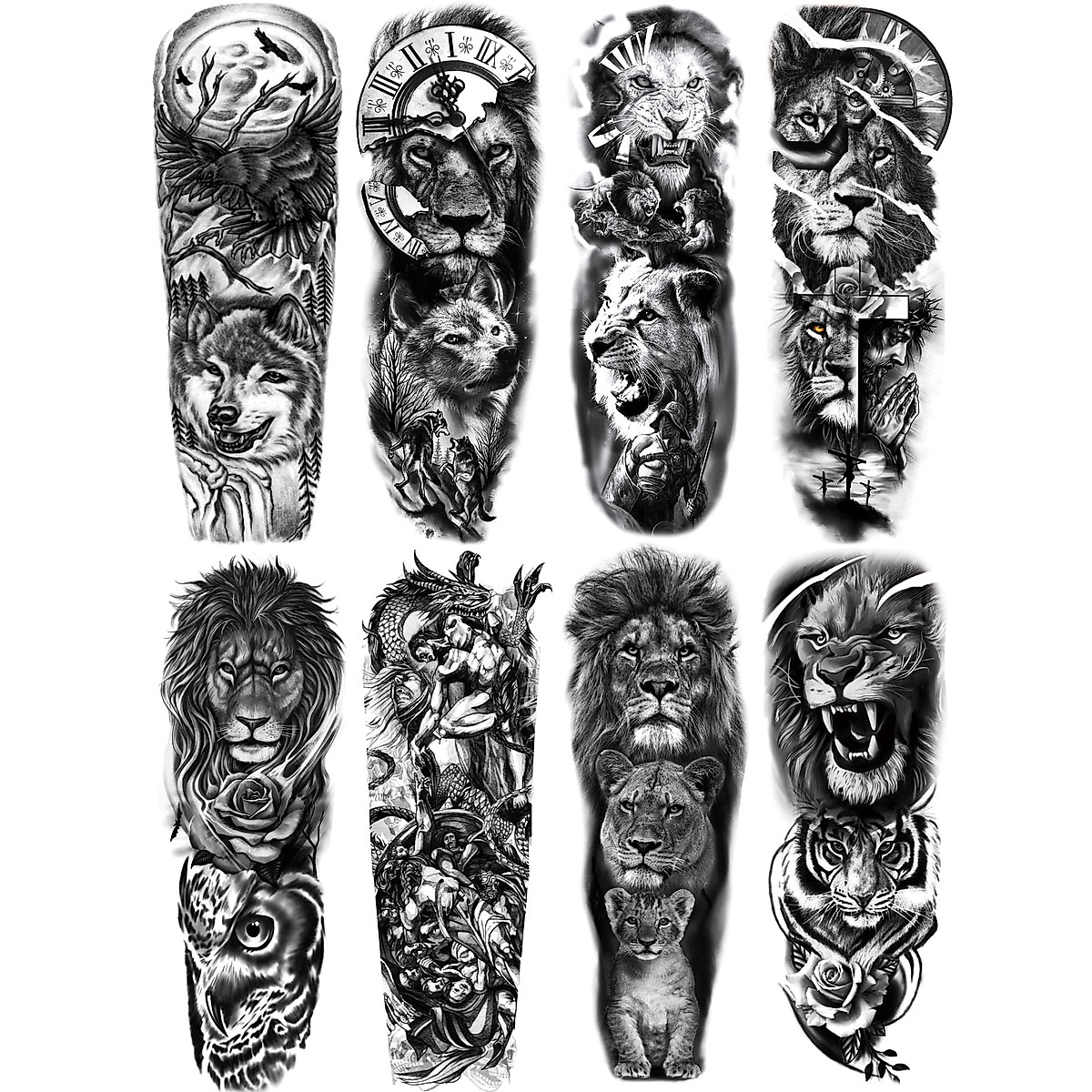 PADOUN Animal Temporary Tattoo Sleeve, 8-Sheet Large Temporary Tattoos Women Full Sleeve Temporary Tattoos, Wolf Lion Tiger Tattoos for Adults Men Waterproof Black