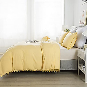 Caressma Pom Pom Fringe Boho Duvet Cover Set Queen Size, Soft Washed Microfiber 3pcs Bedding Duvet Cover, All Season Yellow Comforter Cover Set with Zipper Closure (1 Duvet Cover+2 Pillowcases)