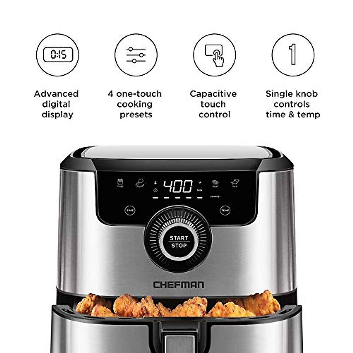 CHEFMAN Air Fryer Healthy Cooking, 4.5 Qt,User Friendly and Dual Control Temperature, Nonstick Stainless Steel, Dishwasher Safe Basket, w/ 60 Minute Timer & Auto Shutoff