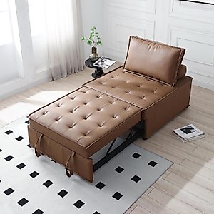 YuiHome Lazy 3 in 1 Multipurpose Faux Leather Ottoman, Convertible, Adjustable Single Sleeper Chair Sofa Bed for Living Room Apartment,Brown
