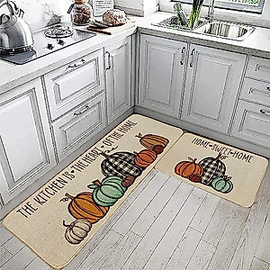 GEEORY Fall Kitchen Mats, Set of 2 Pumpkins Buffalo Plaid Check Floor Mat Farmhouse Party Seasonal Holiday Decorations 17x29 and 17x47 Inch (Black and White) GK067