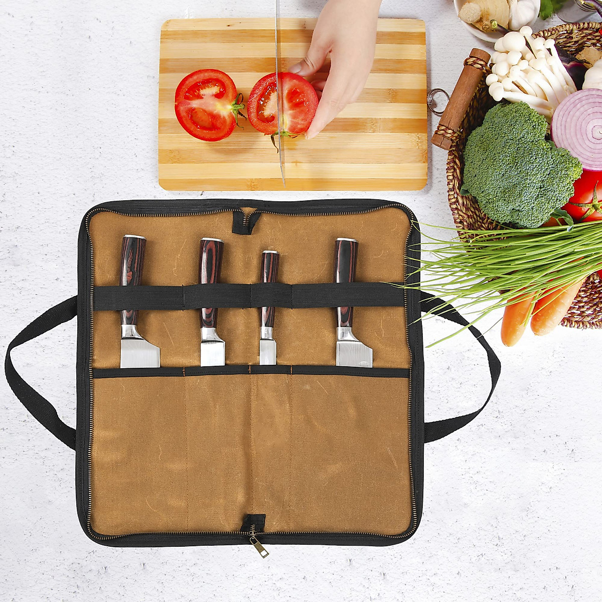 Chef Knife Case, 4 Slots Portable Knife Roll with Handle, Heavy Duty 16oz Waxed Cavas, Knife Holder with Professional Cut-Resistant Fabric Lining, Khaki
