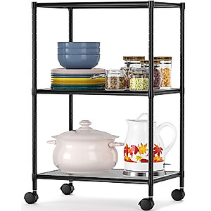 OVICAR 3-Tier Wire Storage Shelves, Adjustable Shelving Units with Wheels, Steel Metal Storage Rack for Kitchen Pantry Closet Bathroom Laundry, Durable Organizer Garage Tool Storage Shelf