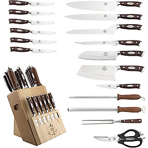 Bavarian Knife Works 19 Pieces Kitchen Knife Set, Knife Block Set with Steak Knives, Razor Sharp Blades, Ergonomic Pakkawood Handle, Light Weight Easy to Sharpen made of German Steel