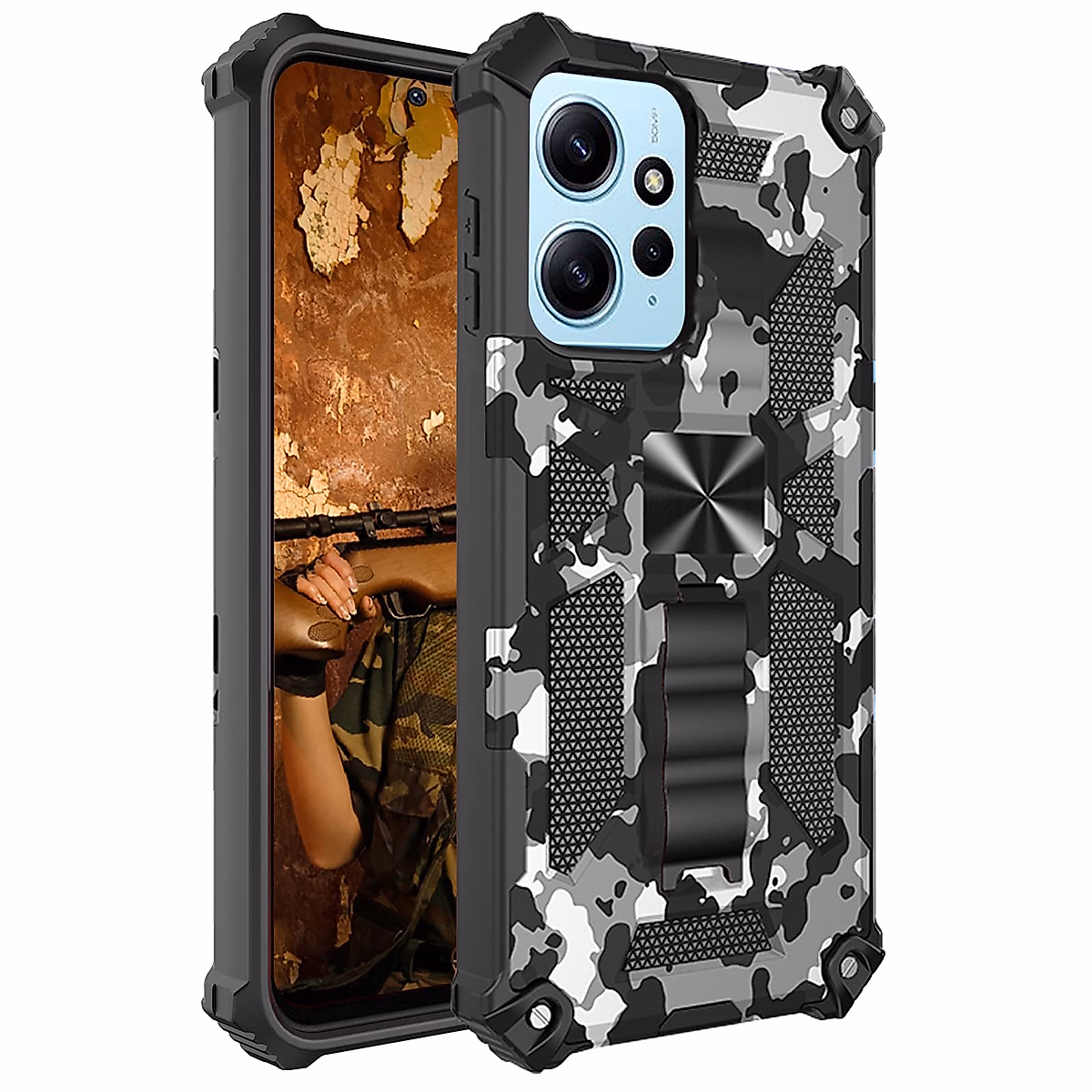 Ysnzaq Military Grade Camo Case for Xiaomi Redmi Note 12 4G (Not 5G), Rugged Shockproof Armor Phone Cover with Built in Kickstand for Xiaomi Redmi Note 12 4G MC Marble Black